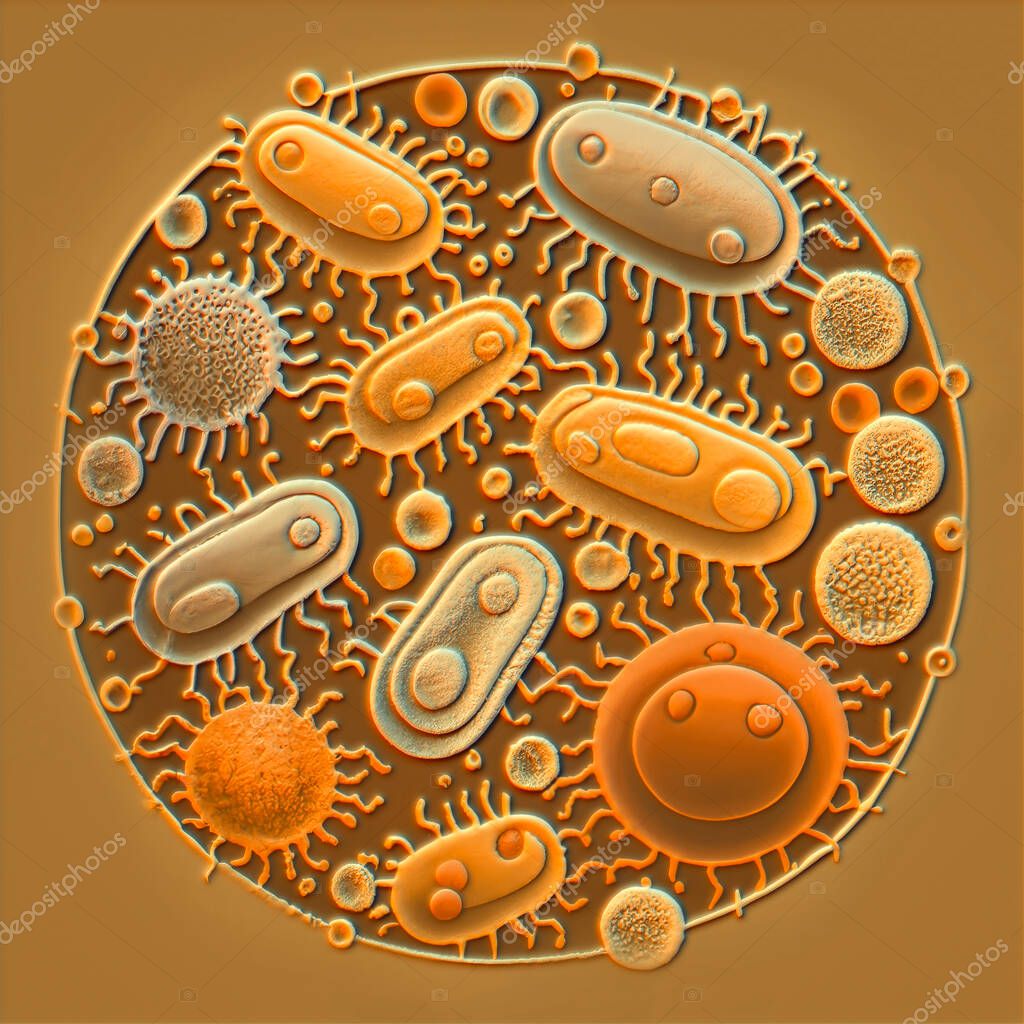 Hermoso micromundo, microbios de diferentes formas, ilustración 3D. 2023