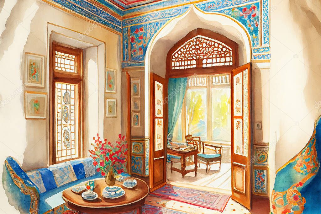 Interior de la habitación en estilo turco, intrincados elementos de ...