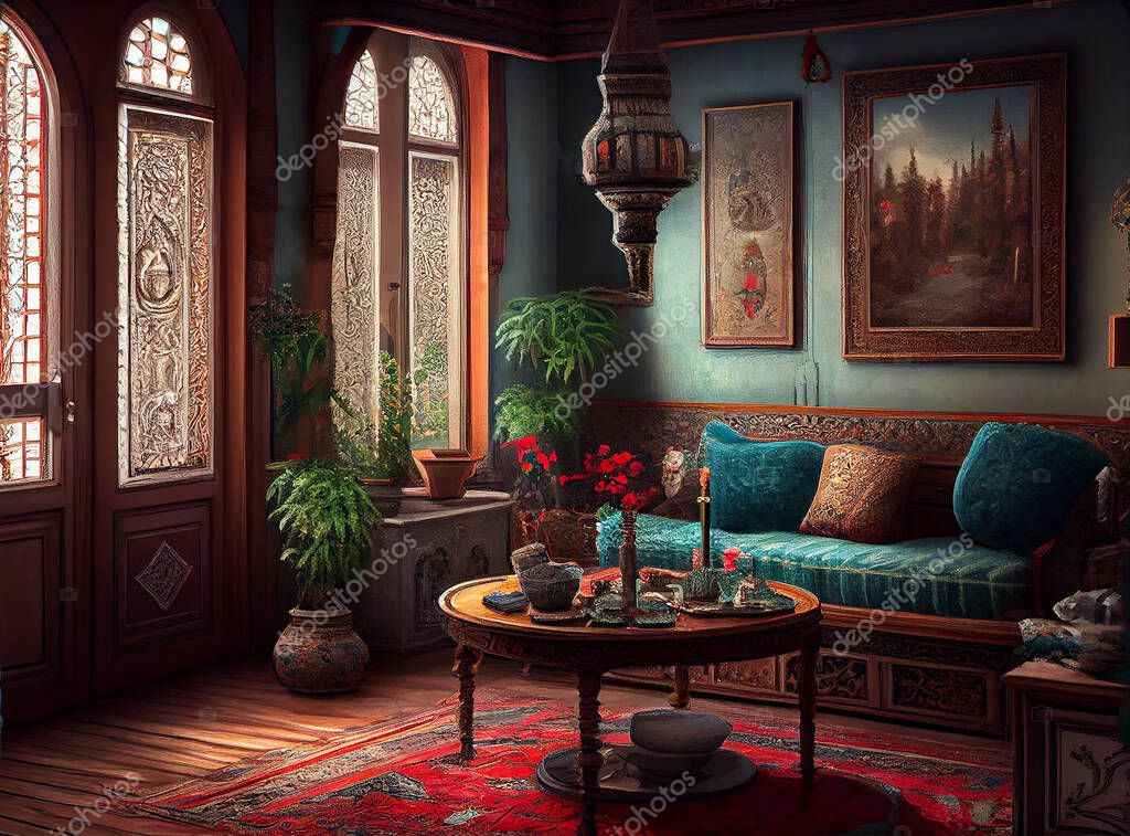 Interior de la habitación en estilo turco, intrincados elementos de ...