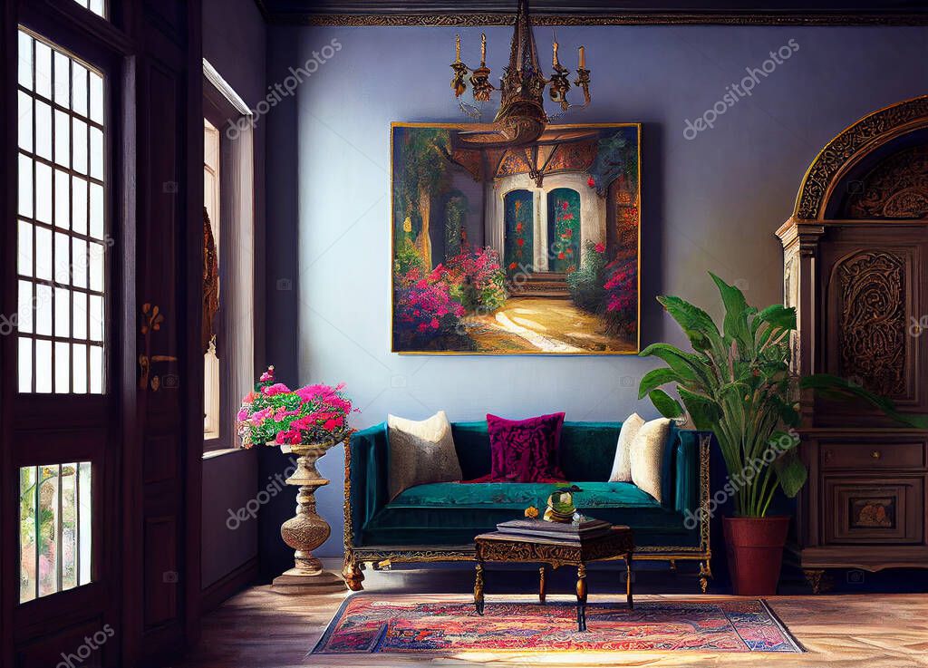 Interior de la habitación en estilo turco, intrincados elementos de ...