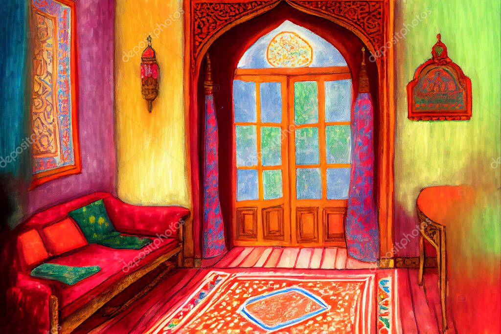 Interior de la habitación en estilo turco, intrincados elementos de ...