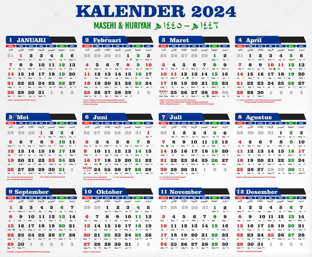 2024 Calendario Hijri Plantilla de diseño vectorial sobre fondo blanco con Vacaciones Nacionales ...