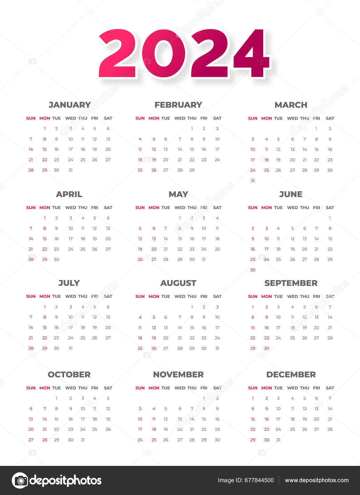 2024 Kalenteri Vektori Kuva Viikko Alkaa Sunnuntaina Yksinkertainen ...