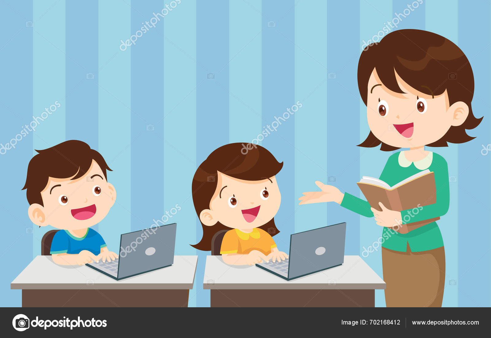 Teacher Presenting Computer Learning Students Boy Girl Sitting Class ...