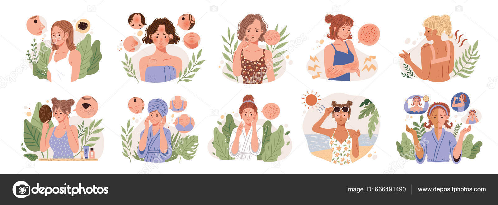 Flat Design Bad Skin Conditions Facial Problems Set Isolated White ...