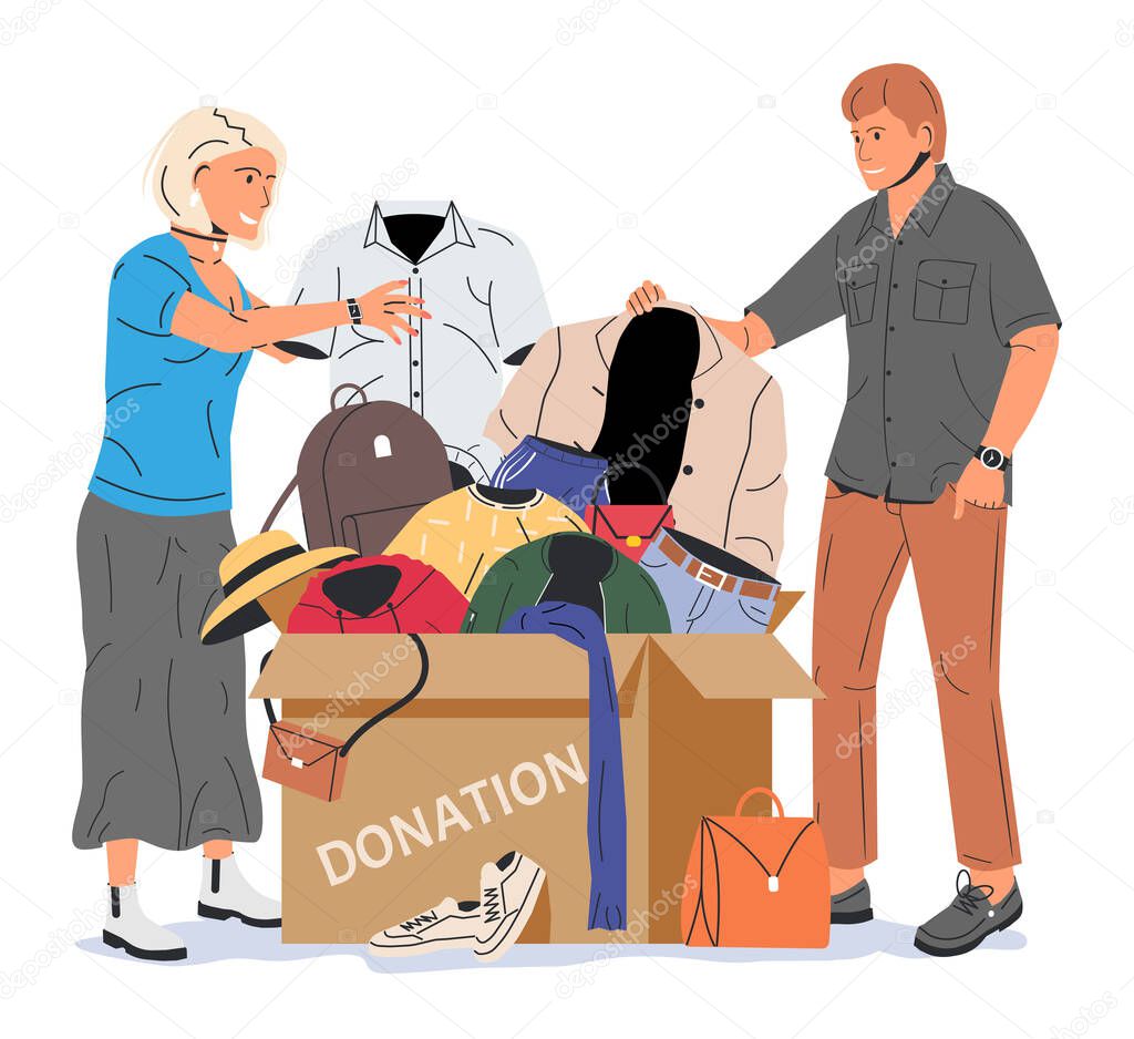 Caja de cartón llena de ropa, calzado y accesorios. Concepto de ...