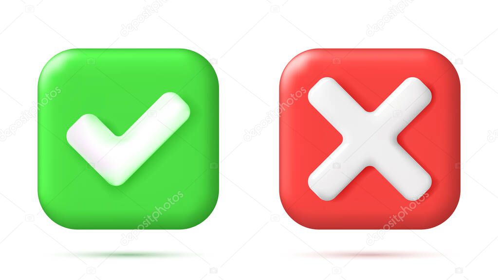 Botón derecho e incorrecto 3D en forma cuadrada. Verde Sí y Rojo No ...