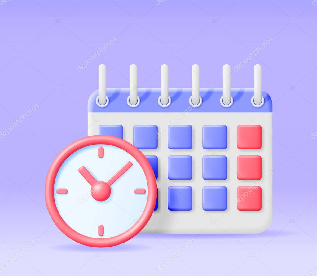 3D papel espiral calendario de pared y relojes aislados. Render Calendario y despertadores ...