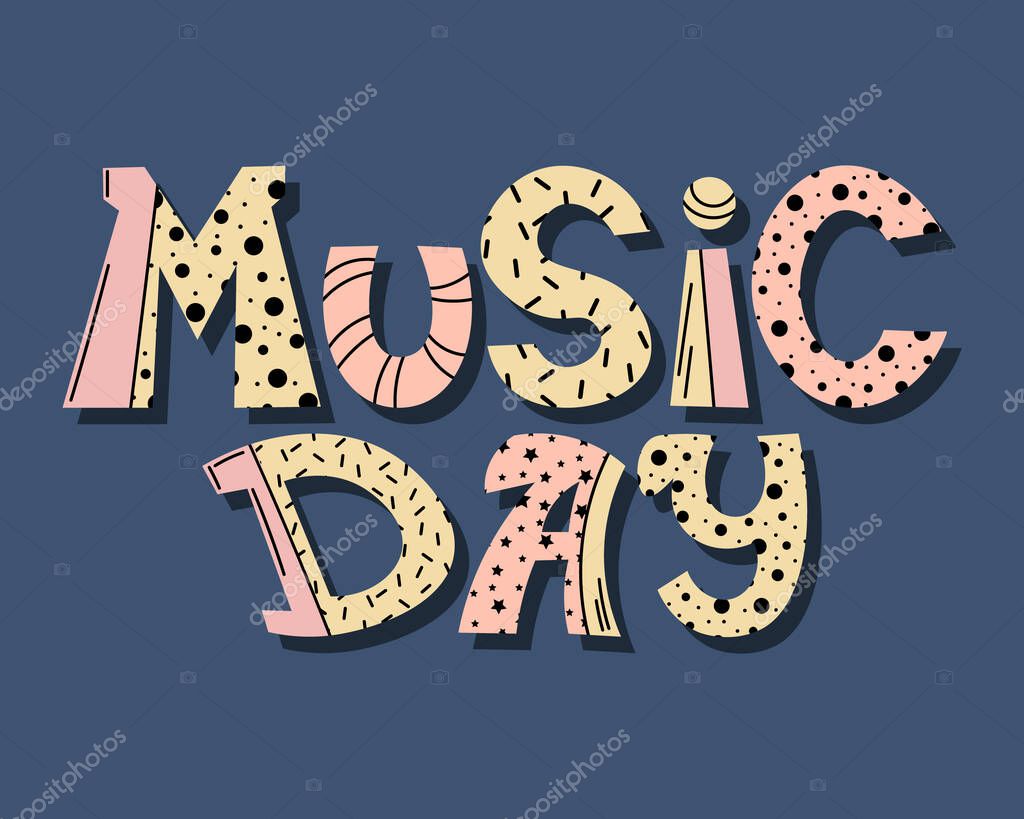 Music Day, letras dibujadas a mano sobre un fondo azul. Impresión ...