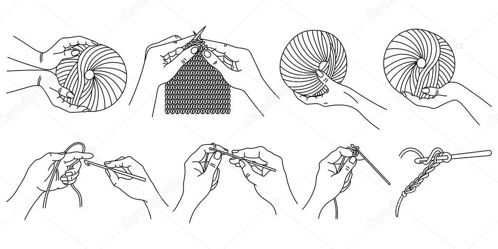 Conjunto de ilustraciones de contorno Crochet y punto. Manos con ...