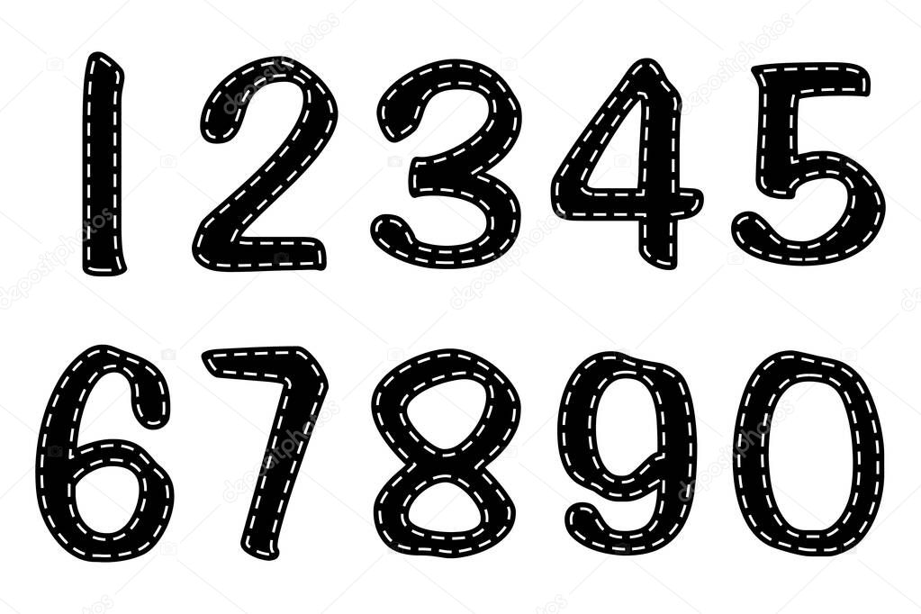 Conjunto de números, números negros dibujados a mano con línea blanca ...