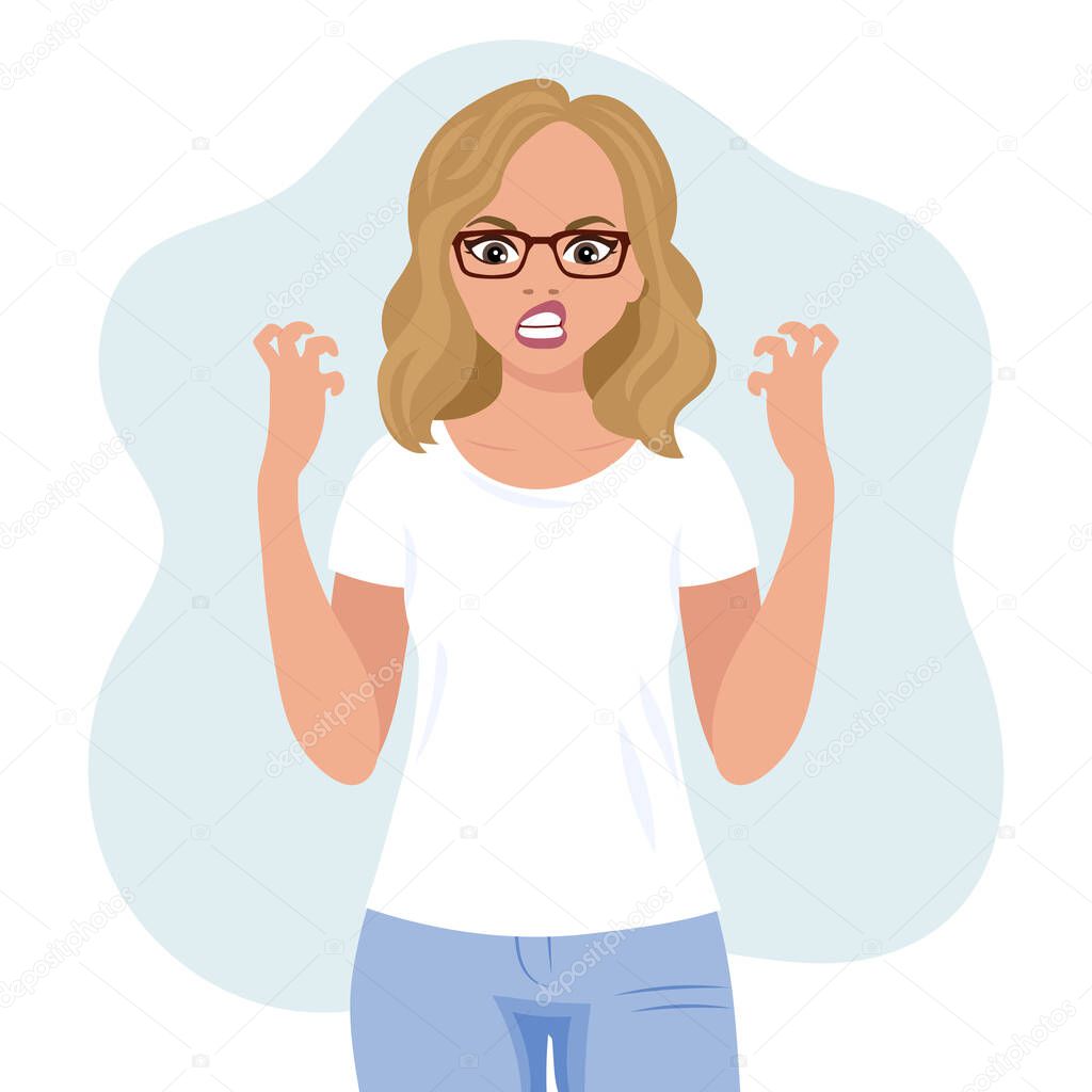 Mujer agresiva con expresión enojada haciendo gestos con las manos ...