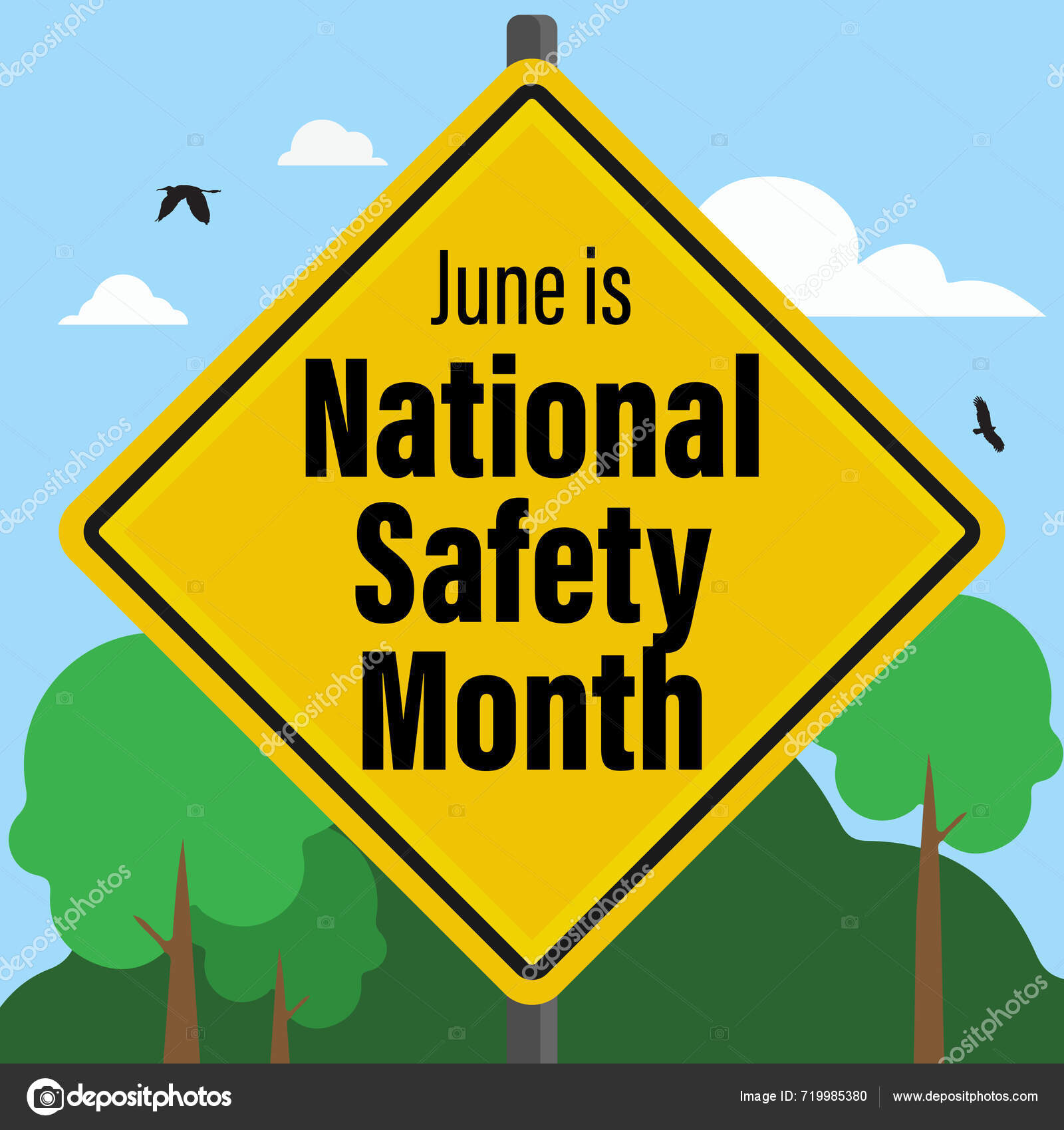 June National Safety Month Large Yellow Warning Sign Blue Sky Stock ...