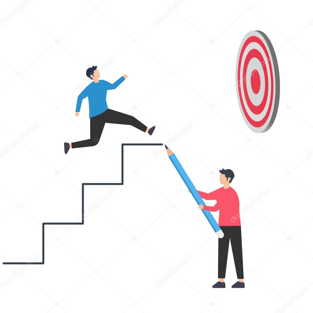 Lograr un objetivo, plan de negocios para lograr un objetivo, construir escaleras hacia el éxito ...