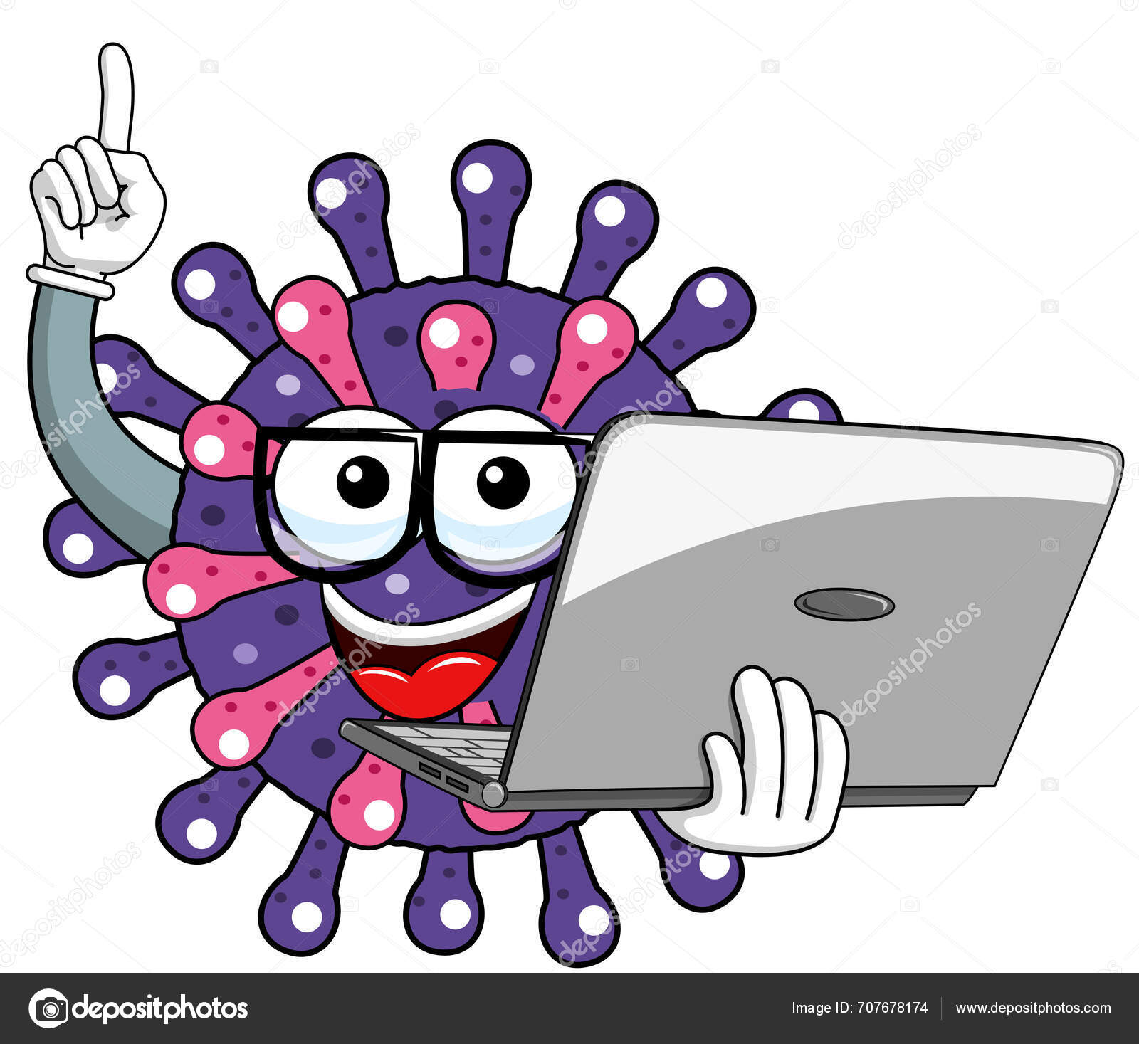 Cartoon Mascot Character Virus Bacterium Holding Laptop Notebook ...