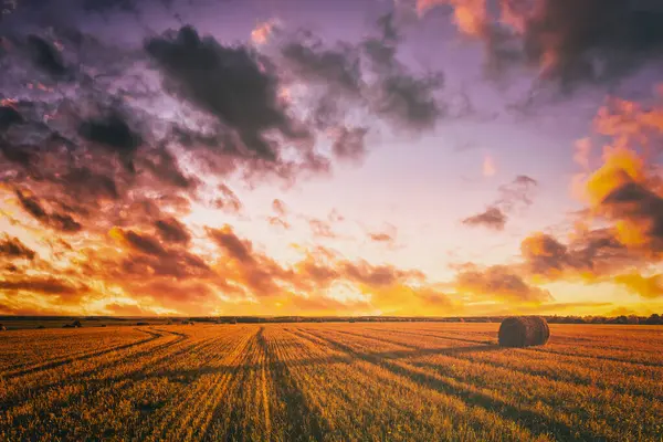 Sunset on the field with haystacks in Autumn season. Rural landscape ...