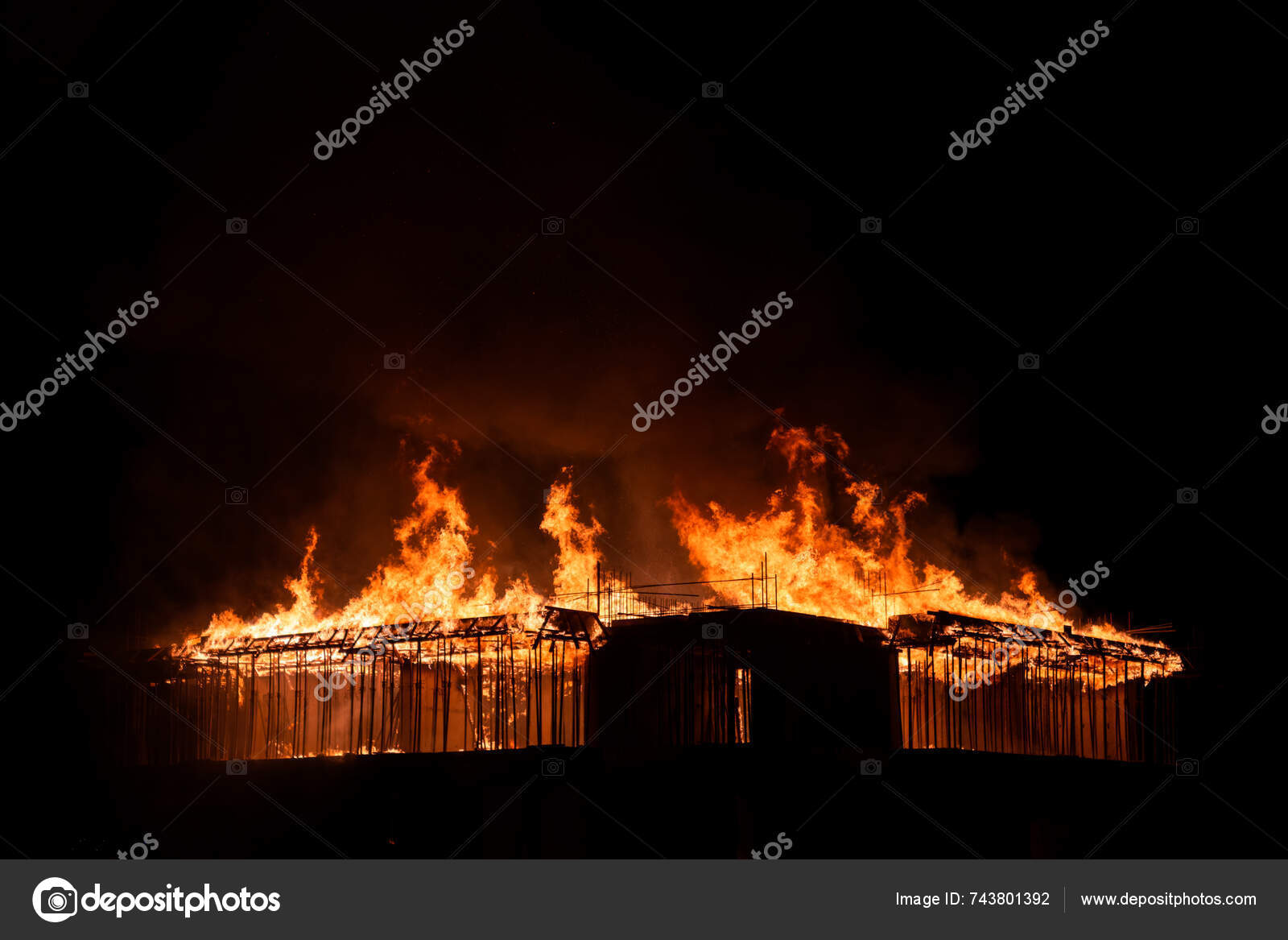 Close Fire Destroying Constructing Residential Building Rooftop Night ...