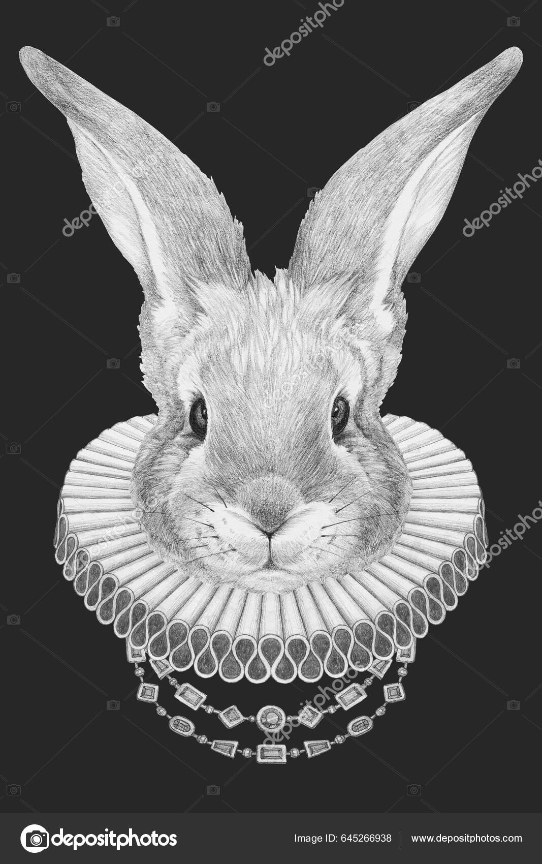 Portrait Rabbit Elizabethan Collar Hand Drawn Illustration — Stock ...