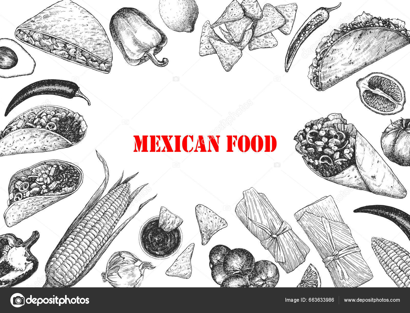 Mexican Food Menu Hand Drawn Illustration Dishes Products Ink Vector ...