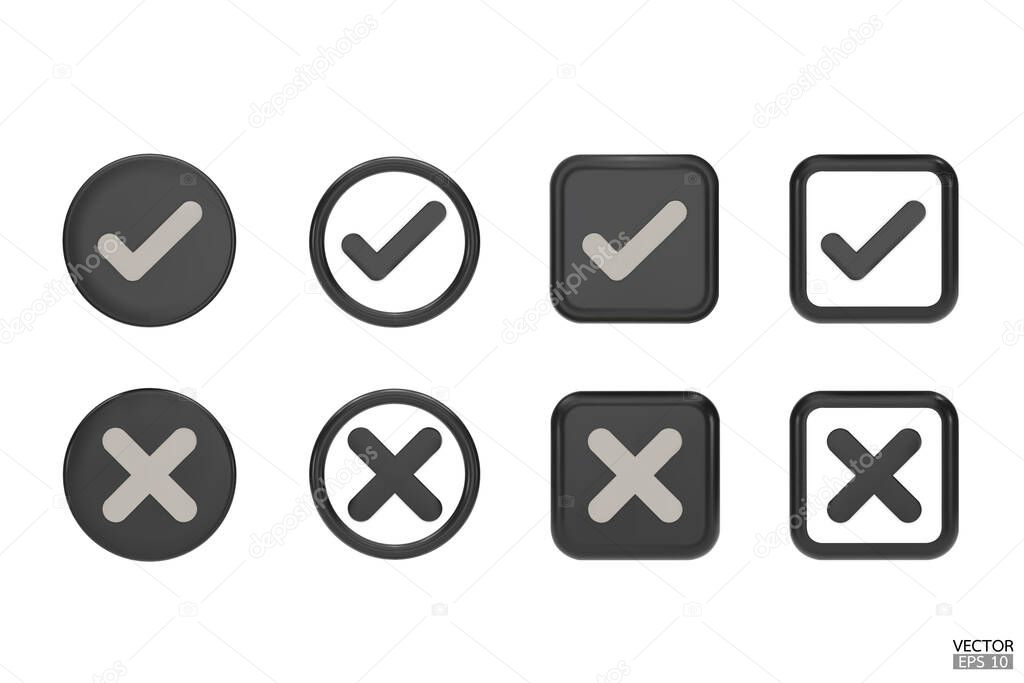 conjunto de 3D negro Checkmark y X icono de marca conjunto. Señal de ...