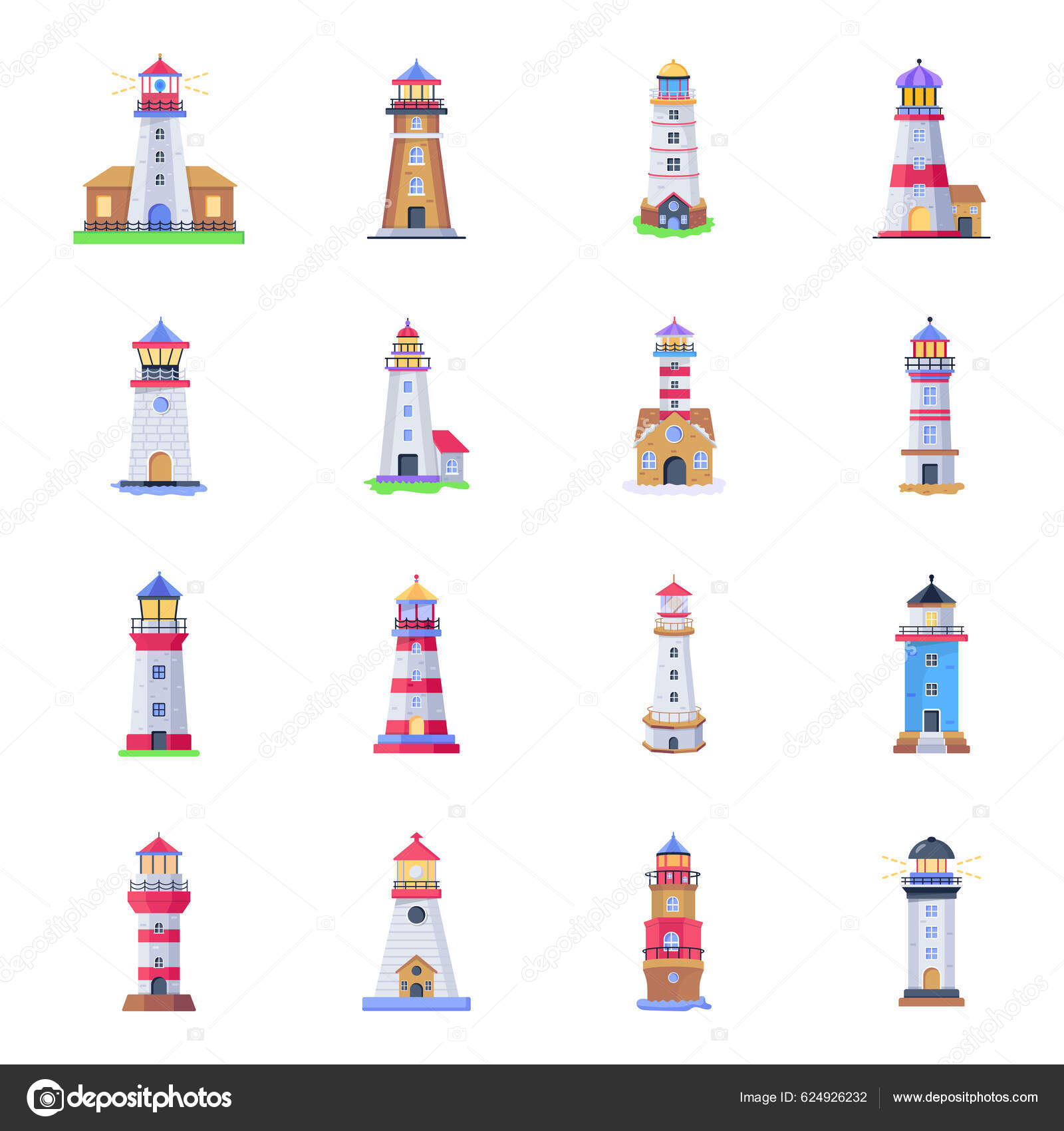 Lighthouses Icons Set Flat Illustration Stock Vector by ©vectorsmarket 624926232