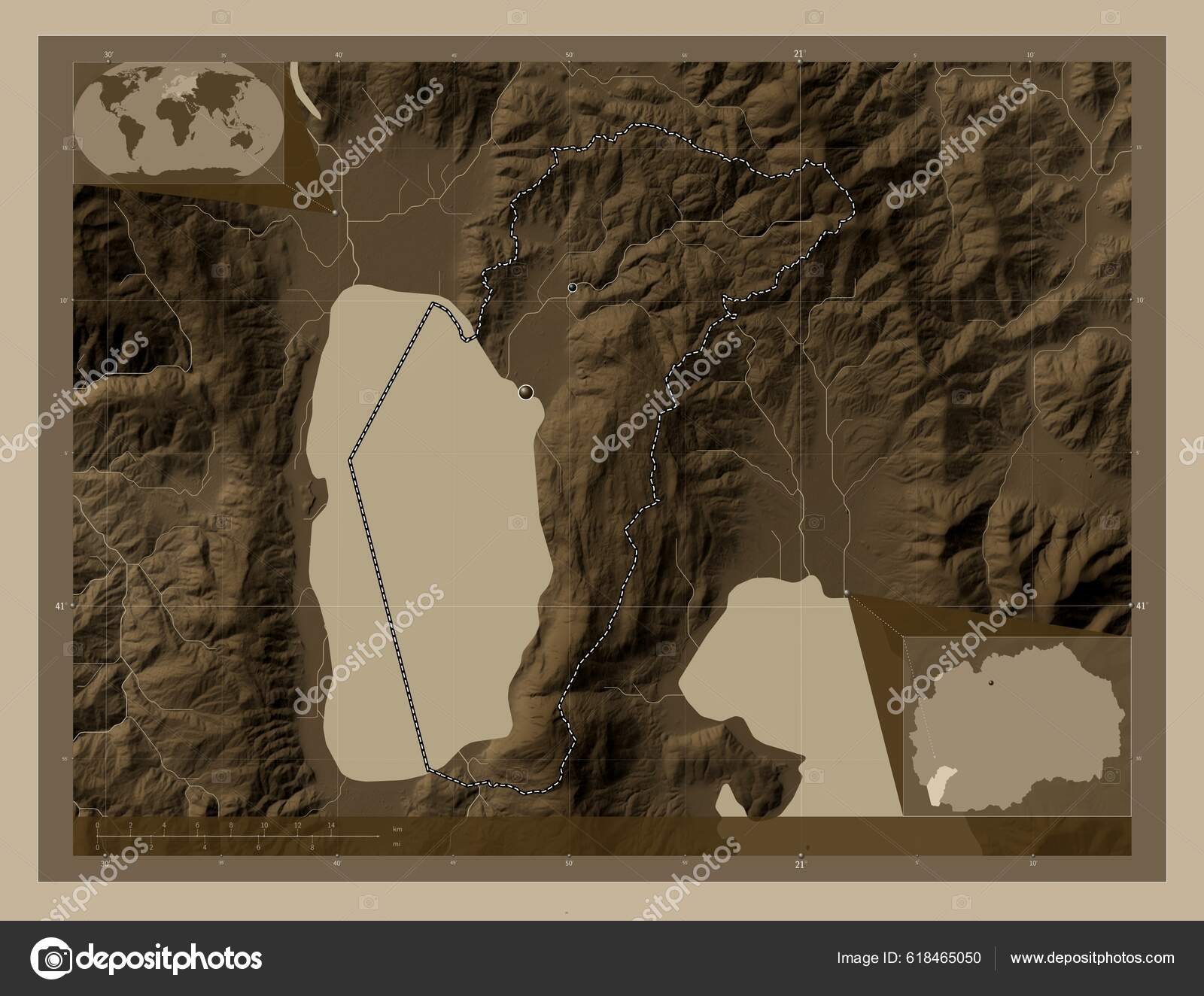 Ohrid Municipality Macedonia Elevation Map Colored Sepia Tones Lakes ...