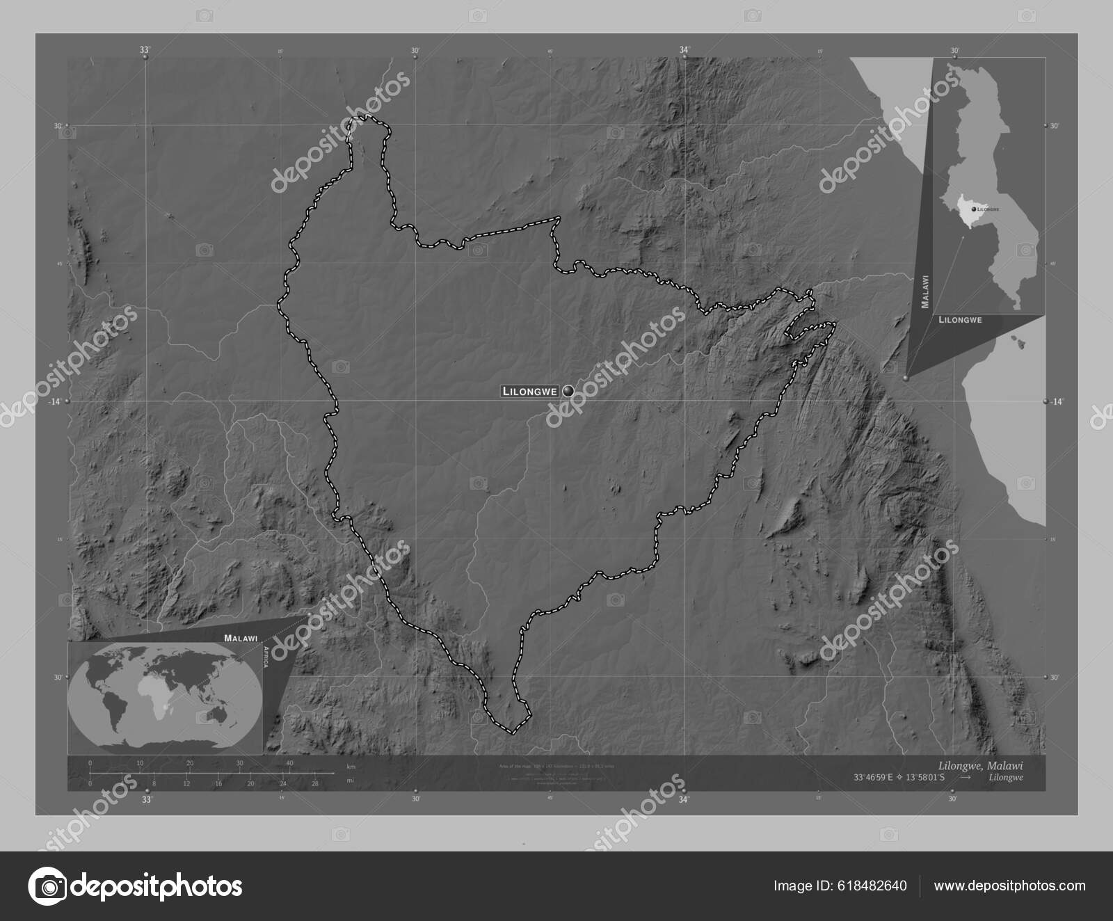 Lilongwe District Malawi Grayscale Elevation Map Lakes Rivers Locations ...