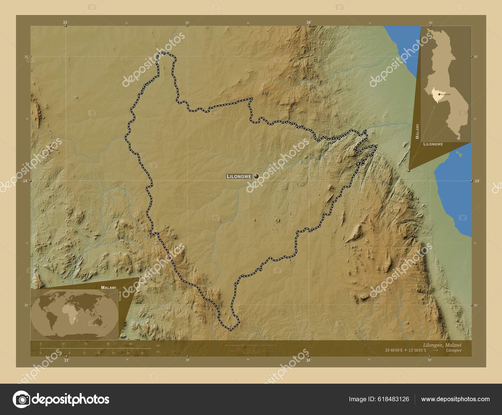 Lilongwe District Malawi Colored Elevation Map Lakes Rivers Locations ...