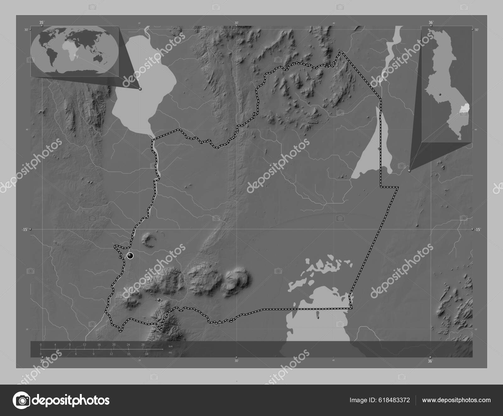 Machinga Distrito Malawi Mapa Elevación Escala Grises Con Lagos Ríos ...