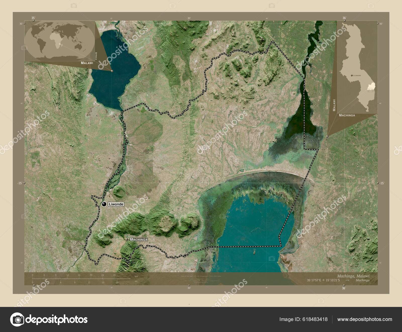 Machinga District Malawi High Resolution Satellite Map Locations Names ...