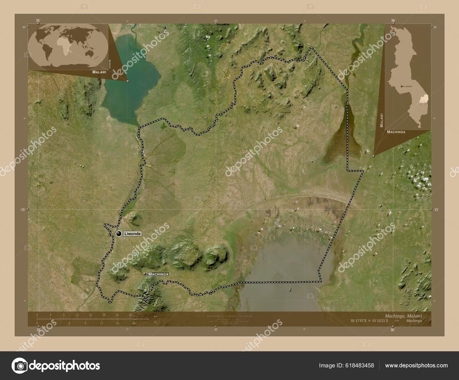 Machinga District Malawi Low Resolution Satellite Map Locations Names ...