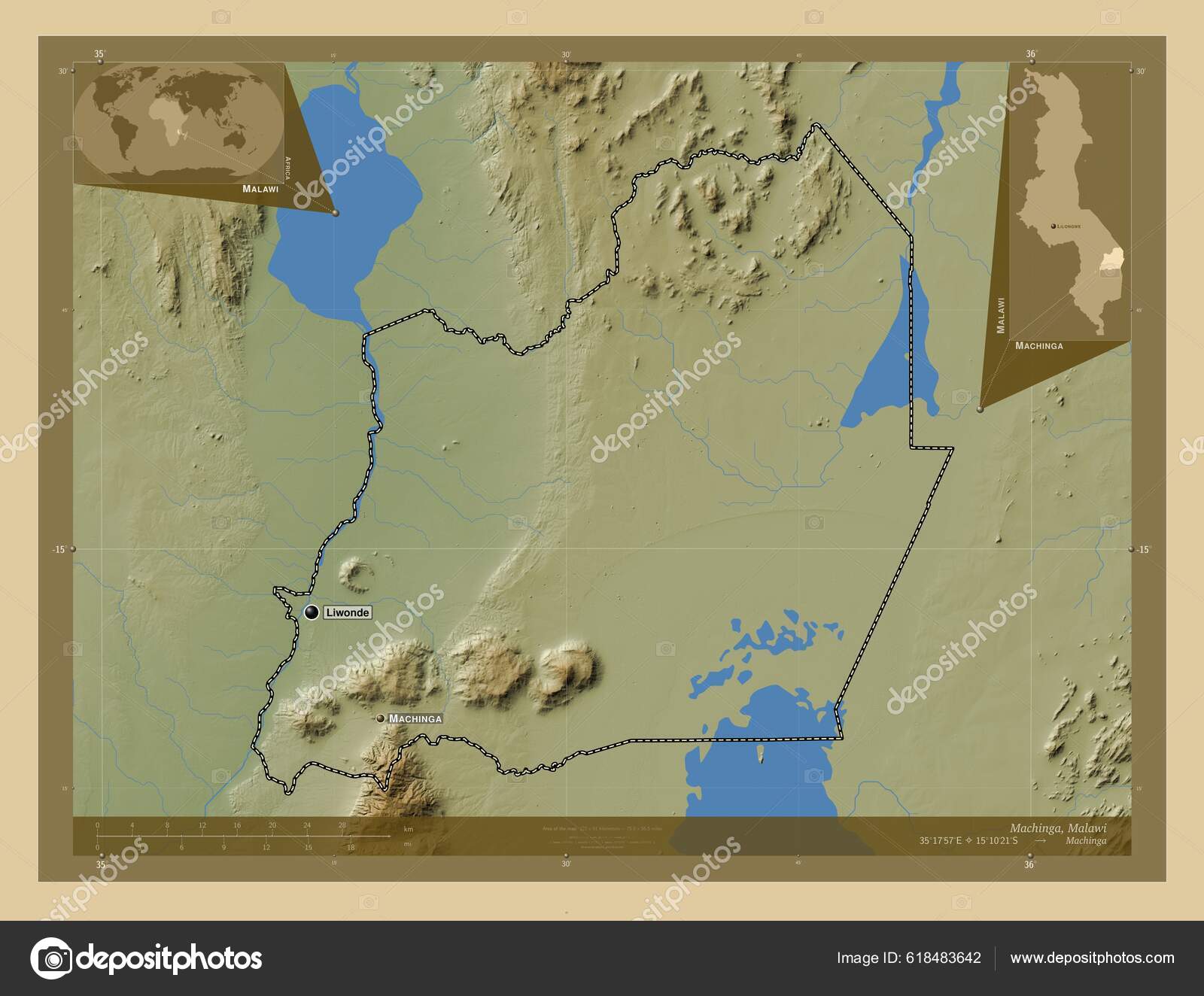 Machinga District Malawi Colored Elevation Map Lakes Rivers Locations ...