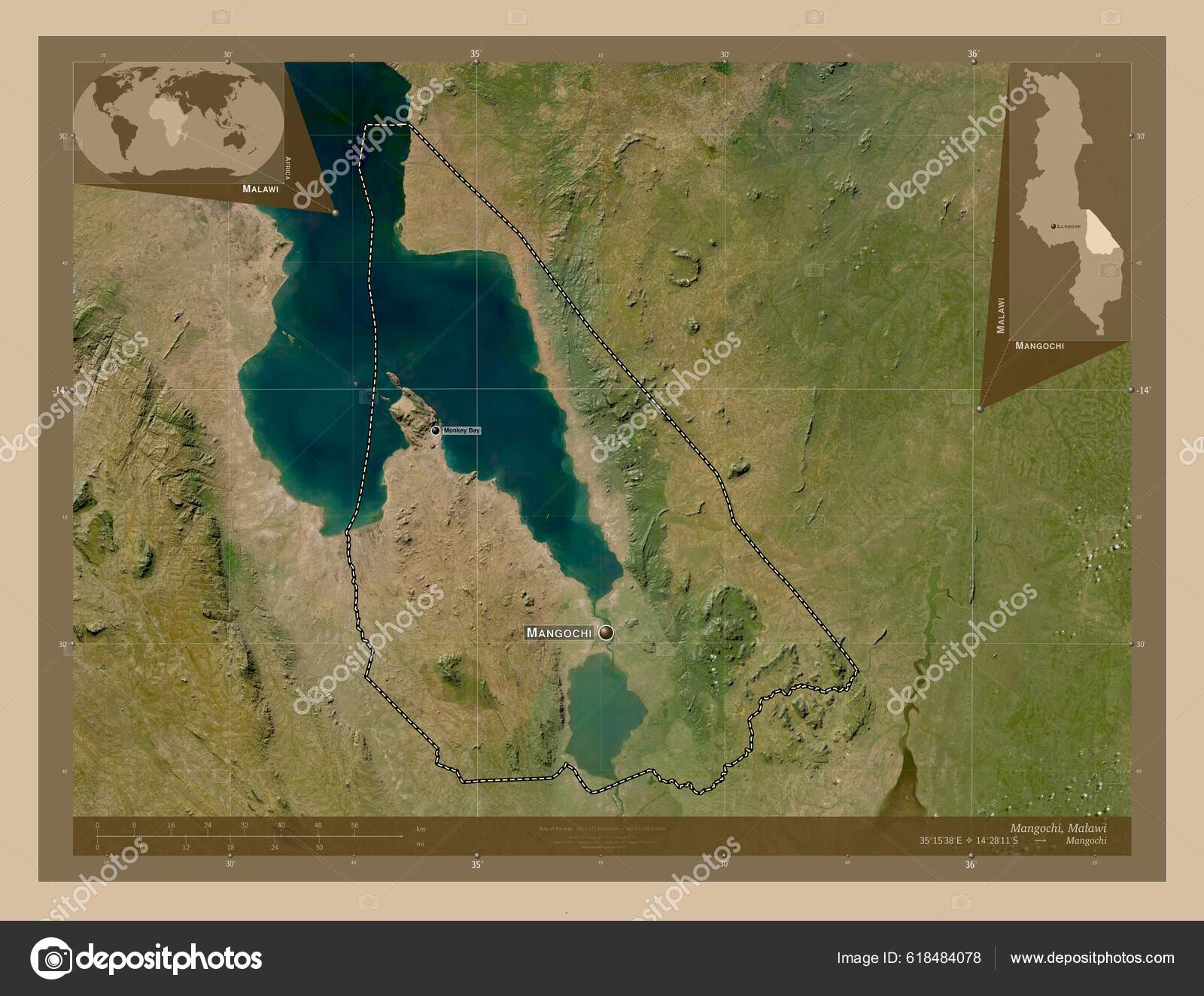 Mangochi District Malawi Low Resolution Satellite Map Locations Names ...