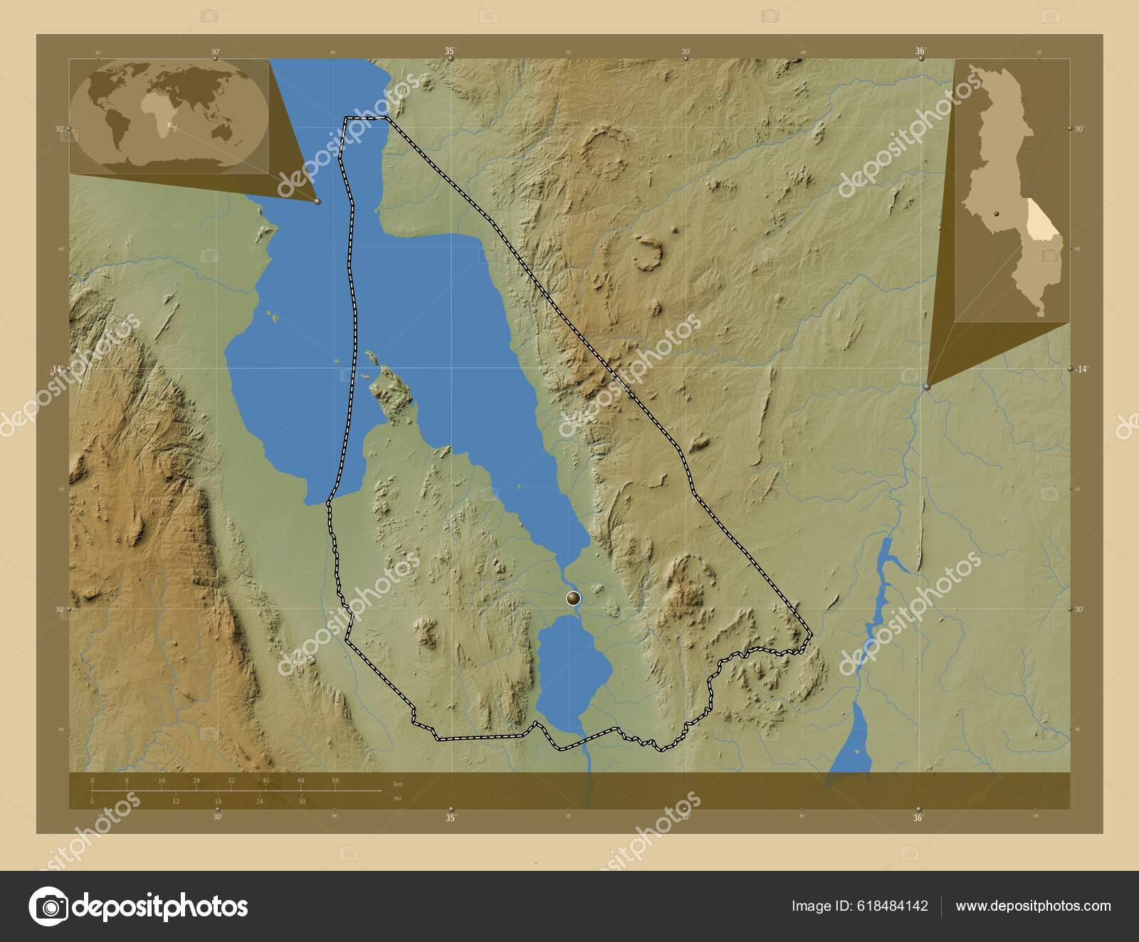 Mangochi Distrito Malawi Mapa Elevação Colorido Com Lagos Rios Mapa ...