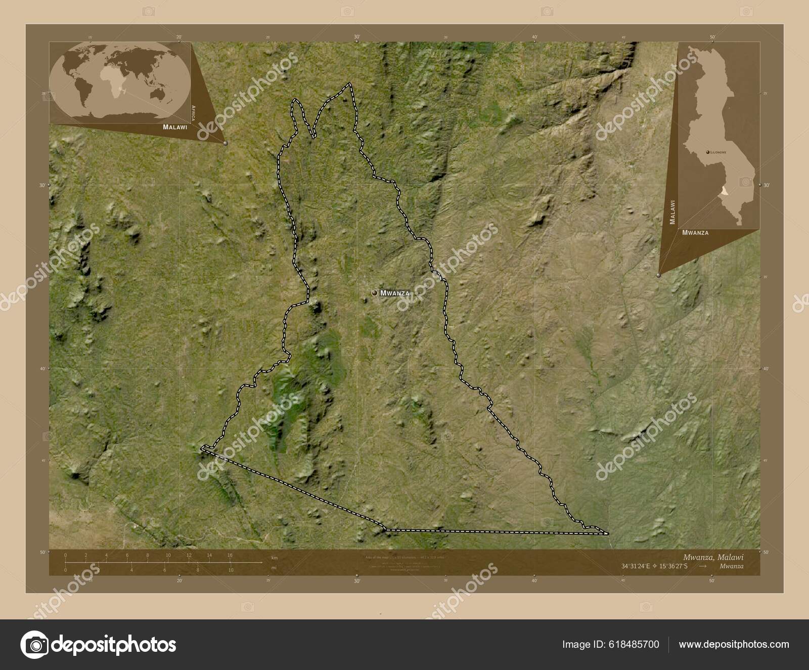 Mwanza District Malawi Low Resolution Satellite Map Locations Names ...