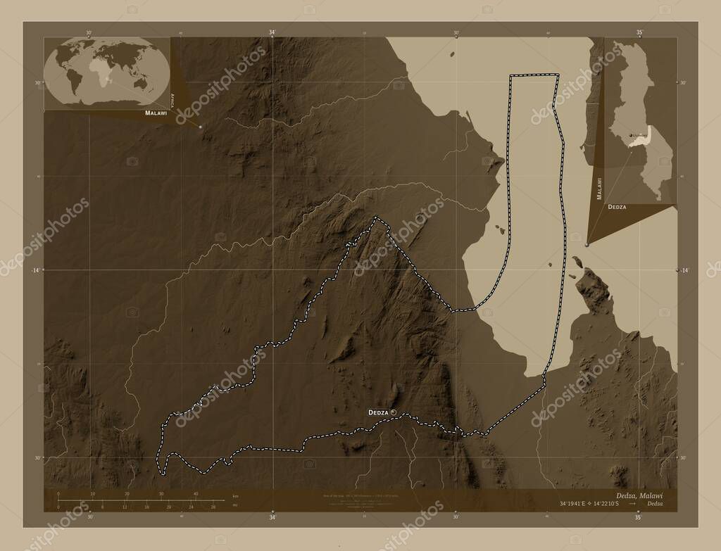 Dedza, distrito de Malawi. Mapa de elevación coloreado en tonos sepia ...