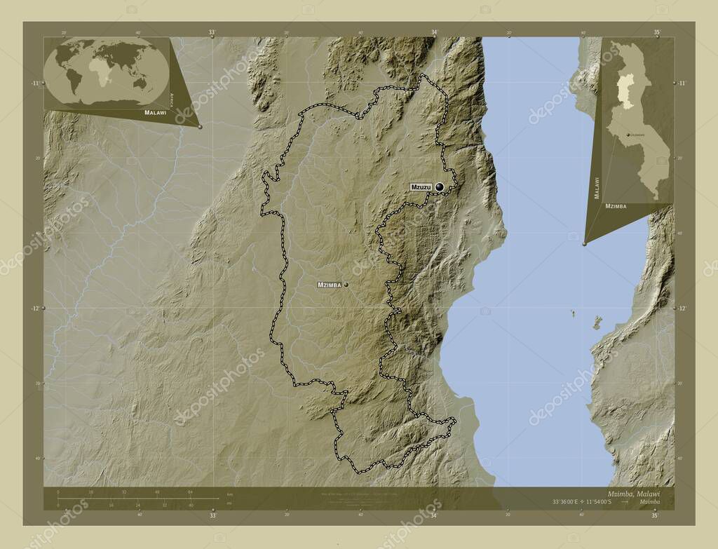 Mzimba, distrito de Malawi. Mapa de elevación coloreado en estilo wiki ...