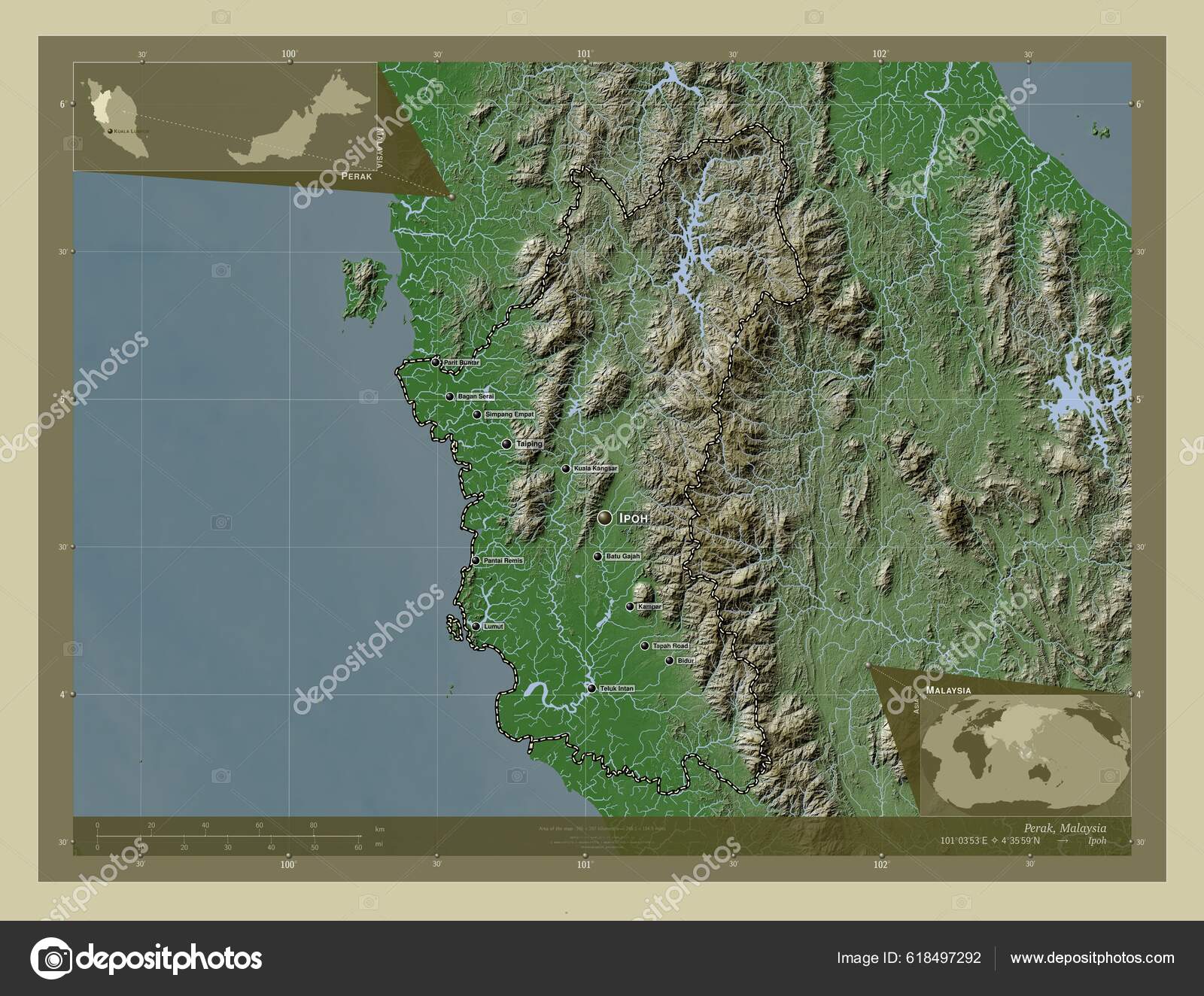 Perak State Malaysia Elevation Map Colored Wiki Style Lakes Rivers ...