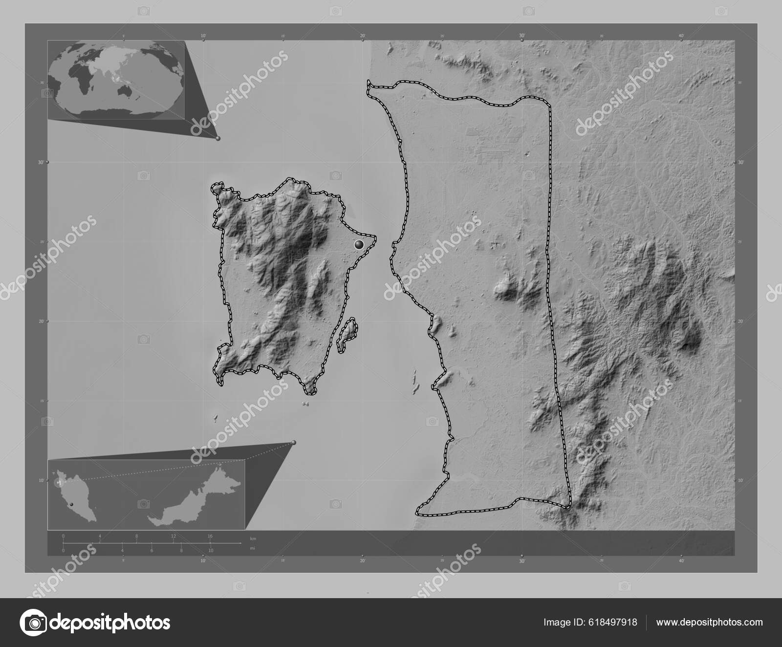 Pulau Pinang State Malaysia Grayscale Elevation Map Lakes Rivers Corner ...