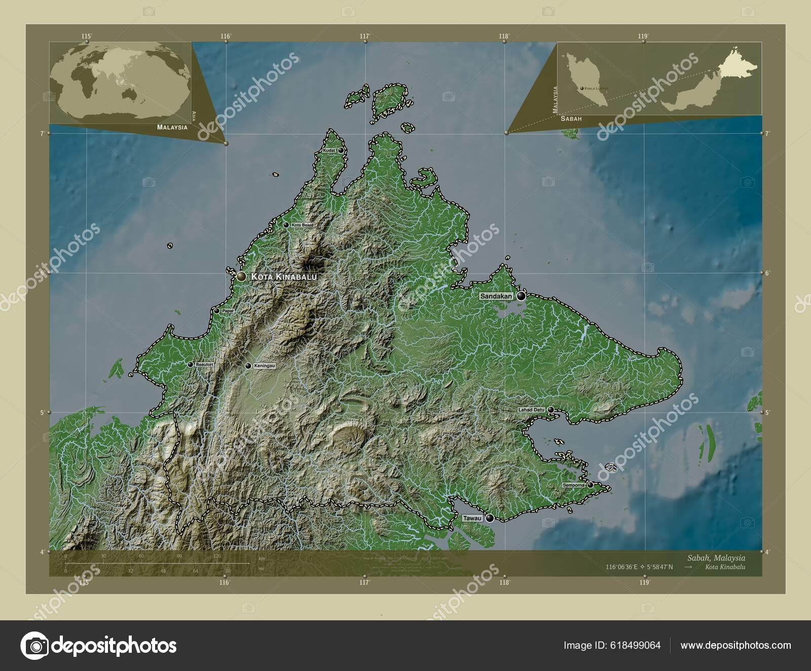 Sabah State Malaysia Elevation Map Colored Wiki Style Lakes Rivers ...