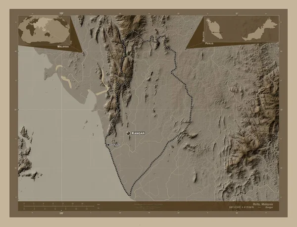 Perlis, state of Malaysia. Elevation map colored in sepia tones with ...