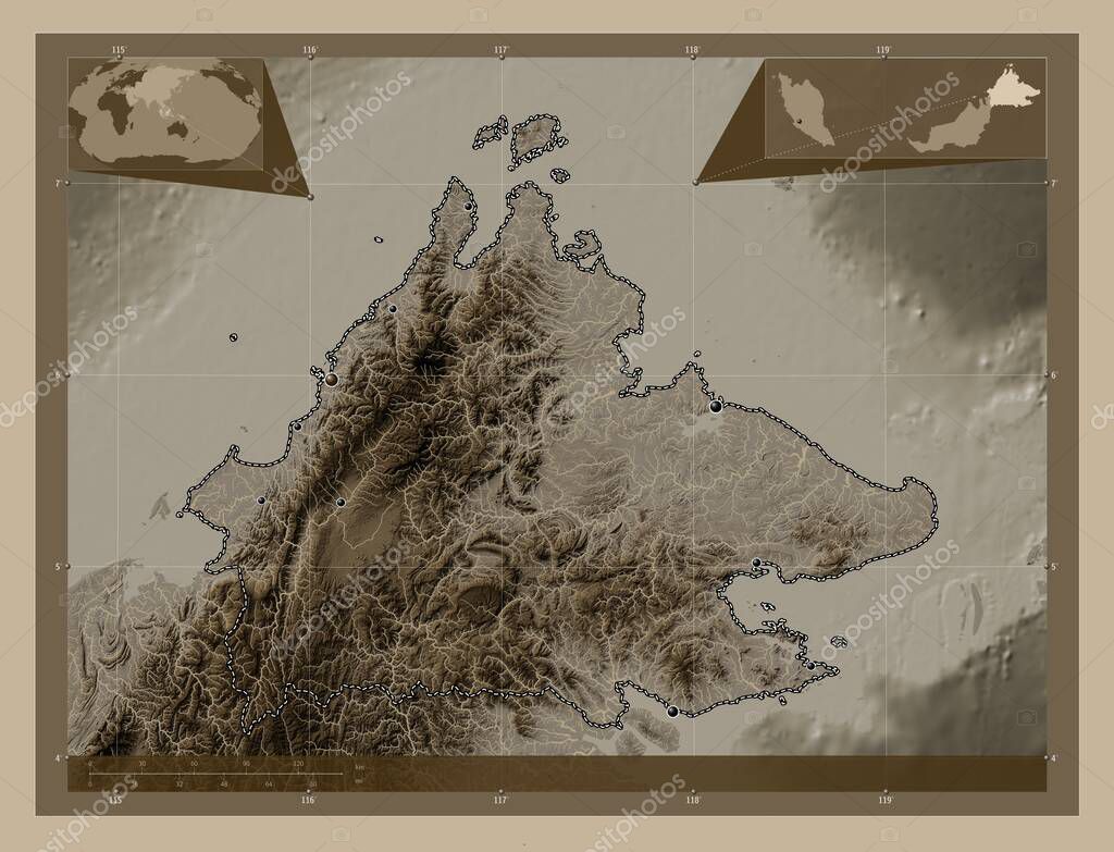 Sabah, estado de Malasia. Mapa de elevación coloreado en tonos sepia ...