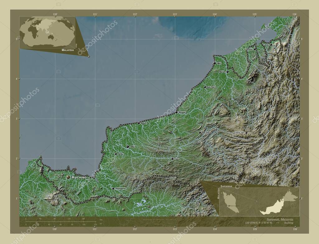 Sarawak, estado de Malasia. Mapa de elevación coloreado en estilo wiki ...