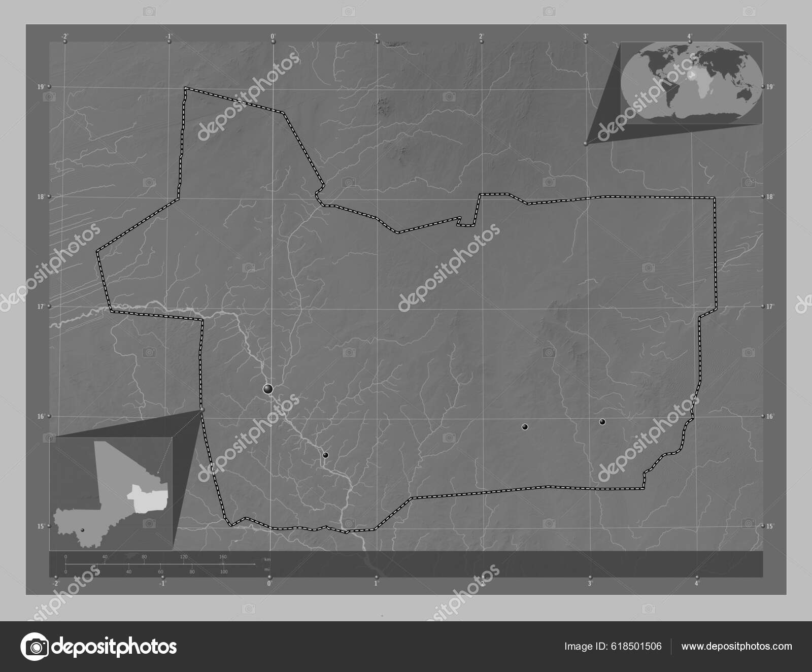 Gao Region Mali Grayscale Elevation Map Lakes Rivers Locations Major ...