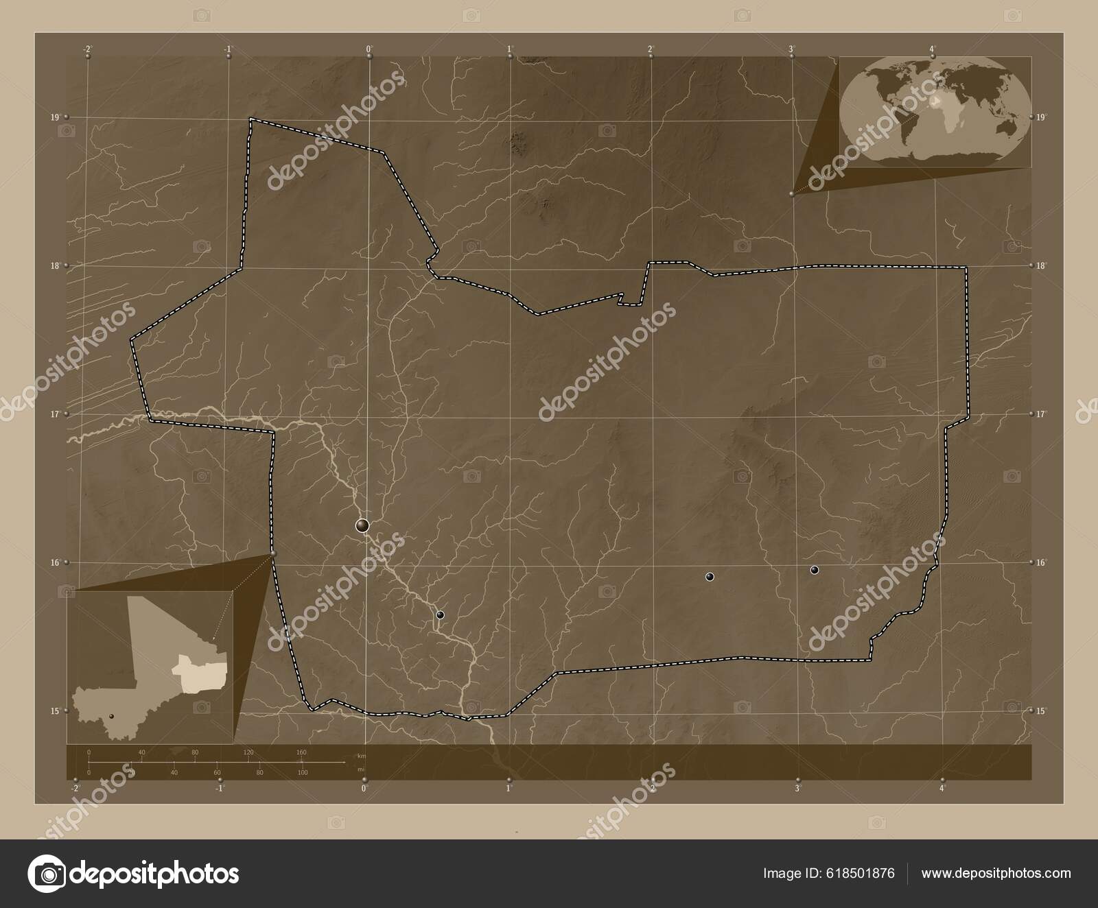 Gao Region Mali Elevation Map Colored Sepia Tones Lakes Rivers Stock ...