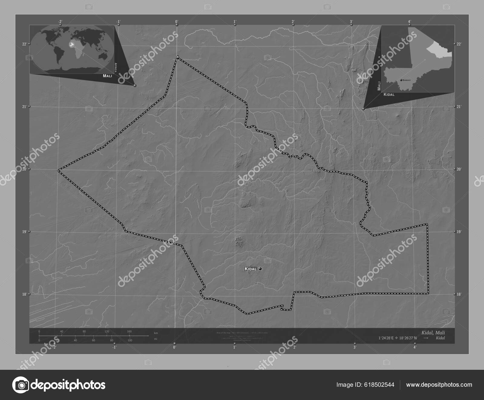 Kidal Region Mali Bilevel Elevation Map Lakes Rivers Locations Names ...
