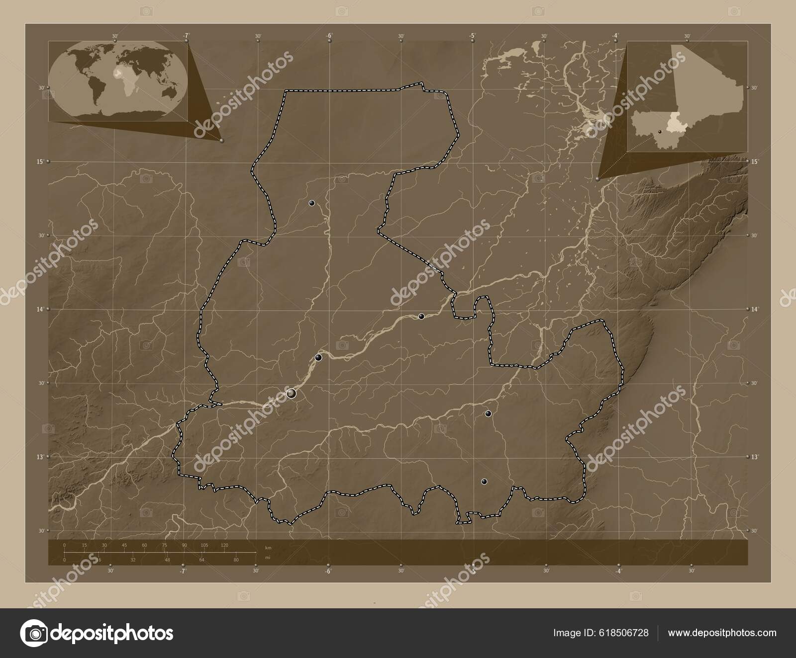 Segou Region Mali Elevation Map Colored Sepia Tones Lakes Rivers ...