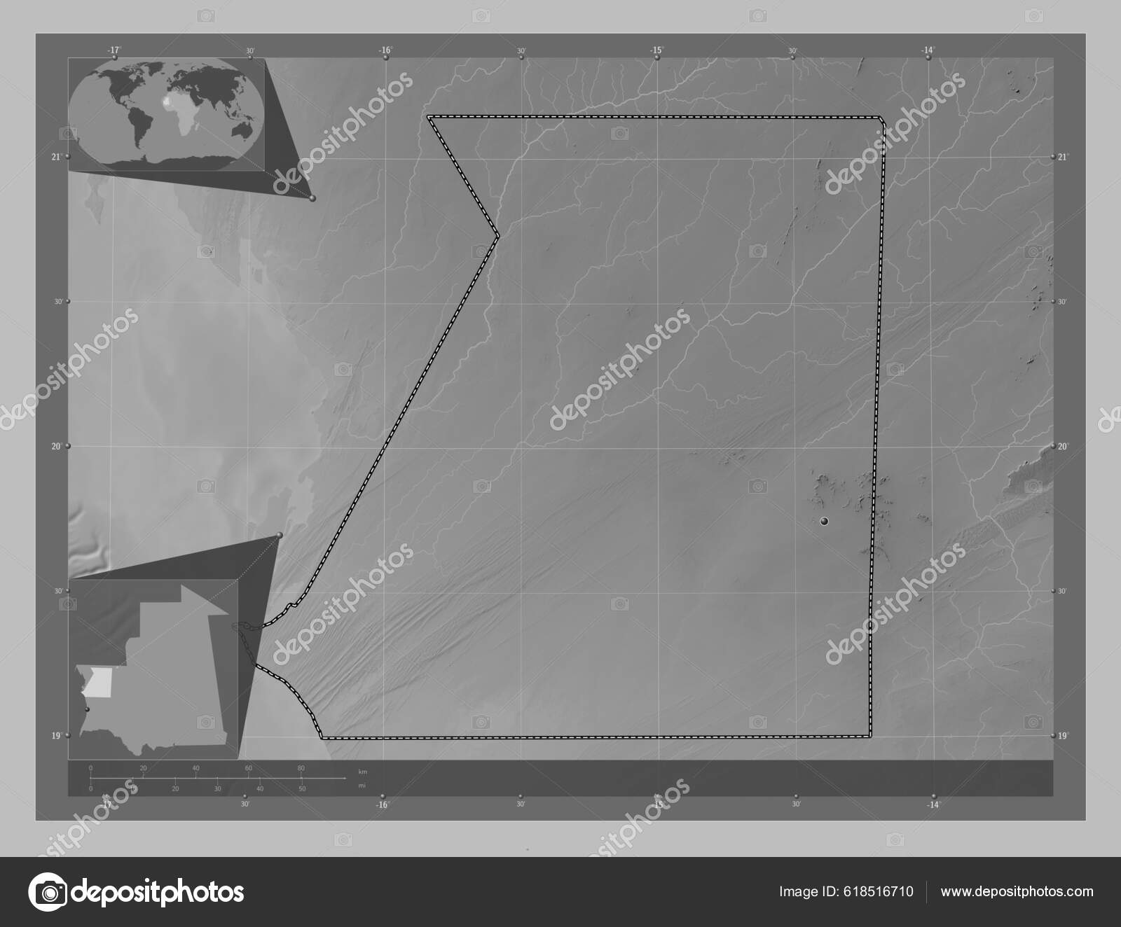 Inchiri Region Mauritania Grayscale Elevation Map Lakes Rivers ...