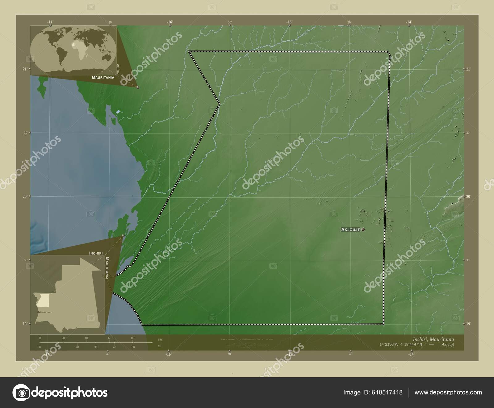 Inchiri Region Mauritania Elevation Map Colored Wiki Style Lakes Rivers ...