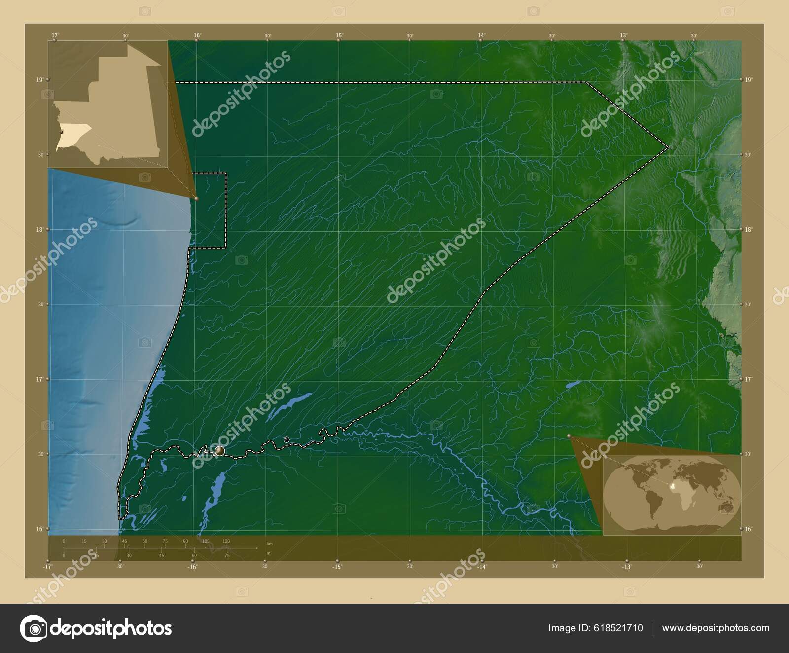 毛里塔尼亚地区的Trarza 有湖泊和河流的彩色高程图 该区域主要城市的所在地点 角辅助位置图 ——图库图片 © Yarr65 #618521710